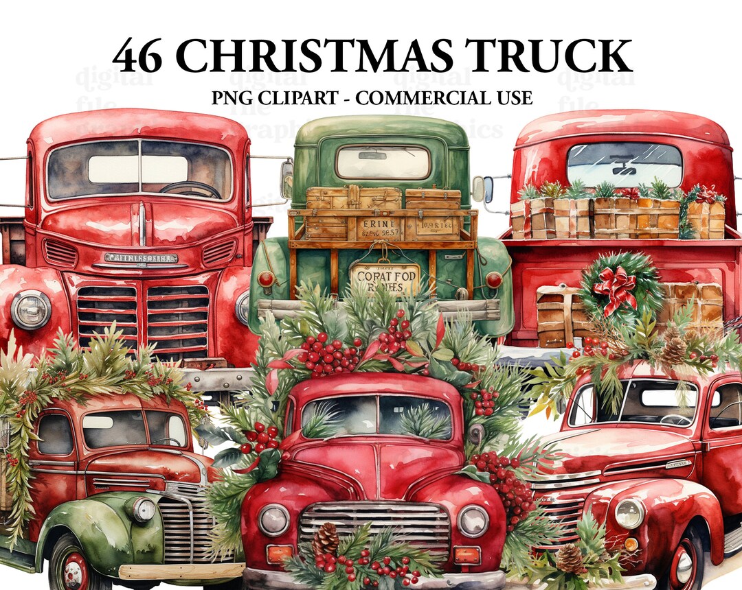Christmas Vintage Truck Watercolor Clipart, Christmas Decor Clipart ...