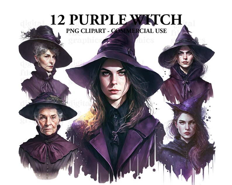 Purple Witch Watercolor Clipart Witch Black Style Magical - Etsy