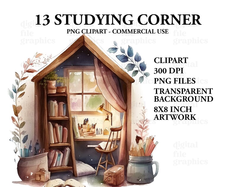 Study Corner Clipart Reading Corner Watercolor Clipart Room - Etsy