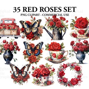 Red Roses Flower Watercolor Clipart, Roses Clipart, Watercolor Bundle ...