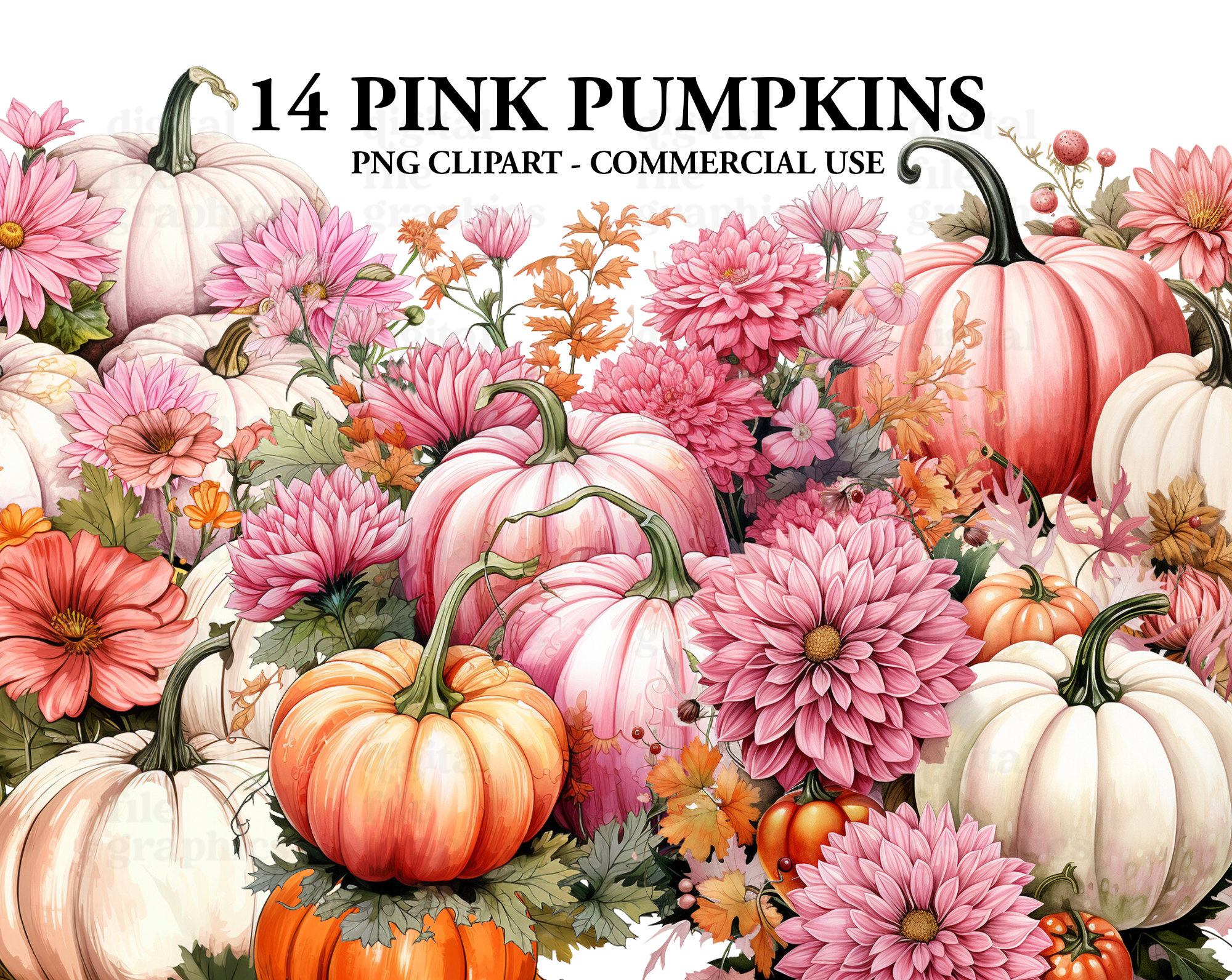 Autumn Pink Pumpkin Watercolor Clipart, Fall Floral Pumpkin Clipart PNG ...