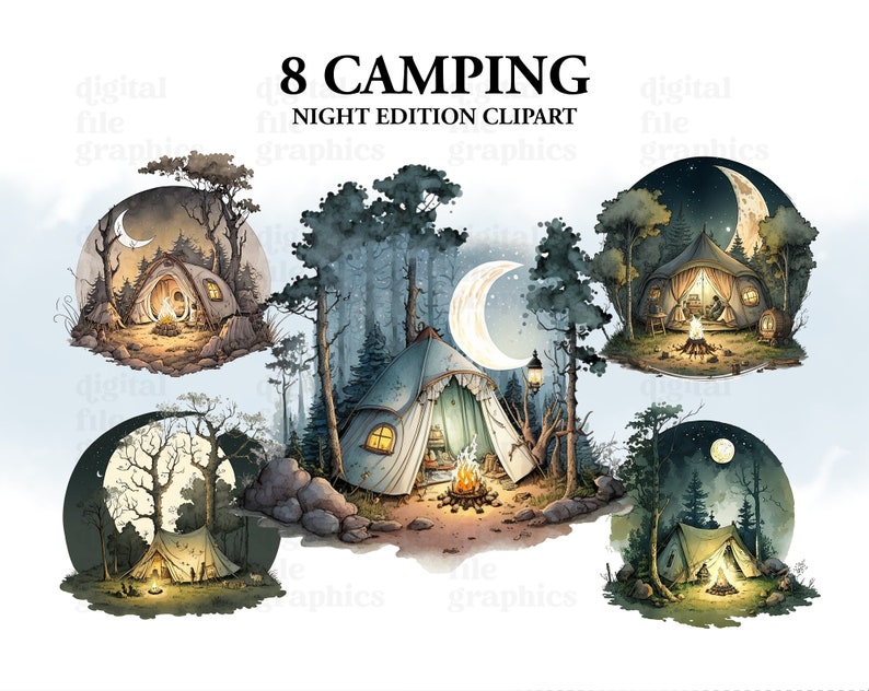 Camping by Night Watercolor Clipart Hiking Family Camping - Etsy