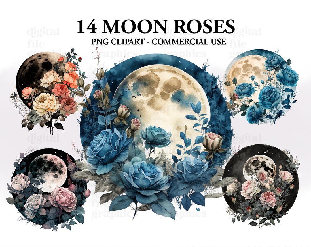 Moon Roses Watercolor Clipart, Mystical Moon Style, Magical Clipart ...