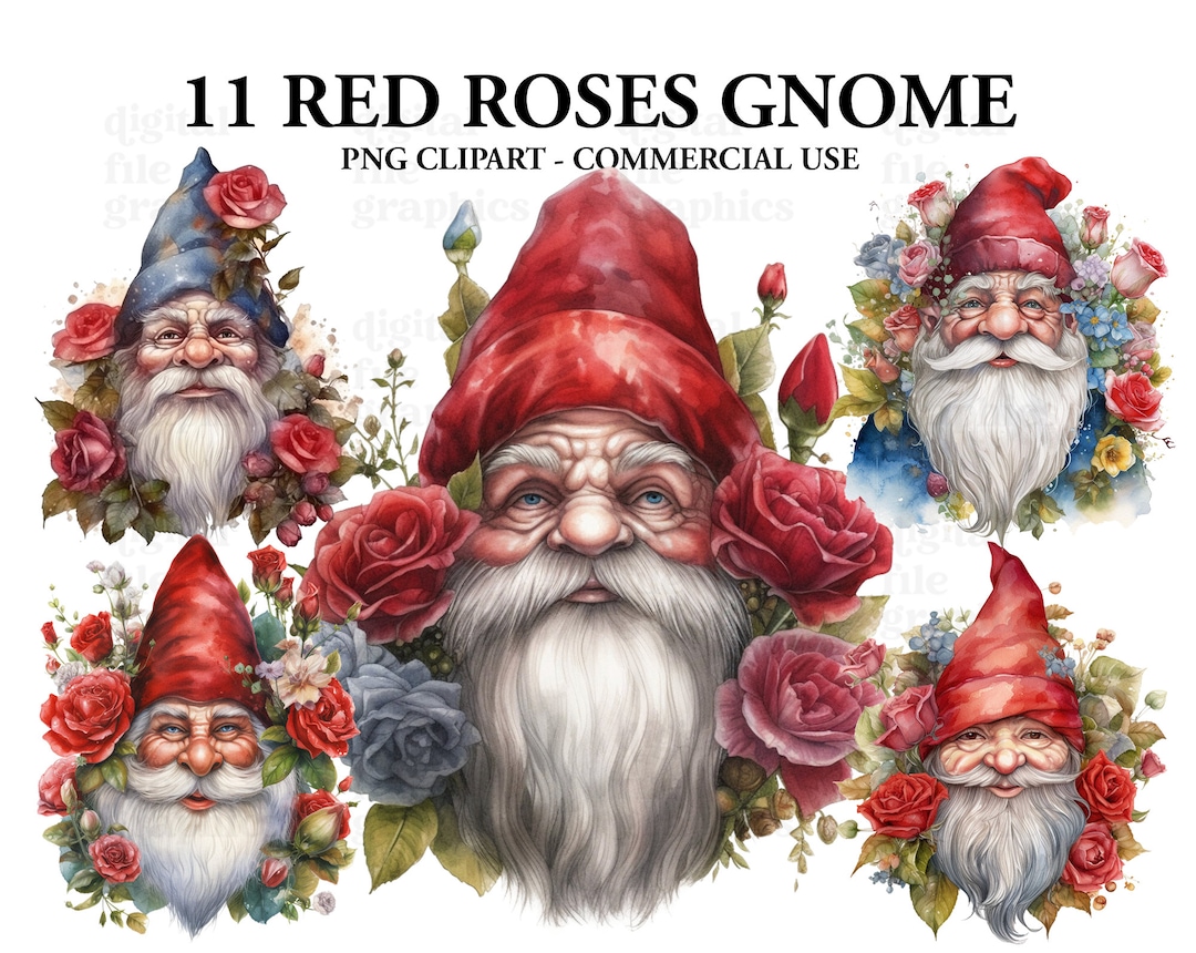 Red Roses Gnome Clipart, Watercolor Gnome, Watercolor Clipart Bundle ...