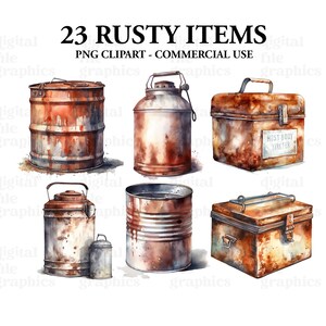 Vintage Rusty Items Watercolor Clipart Cans Buckets Bundle - Etsy
