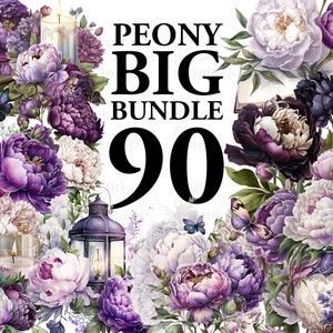 BIG BUNDLE Purple Peonies Watercolor Clipart, Floral Clipart, Summer ...