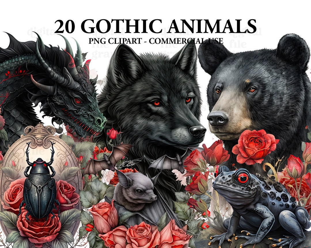 Gothic Animals Watercolor Clipart, Black Animal Clipart, Gothic ...