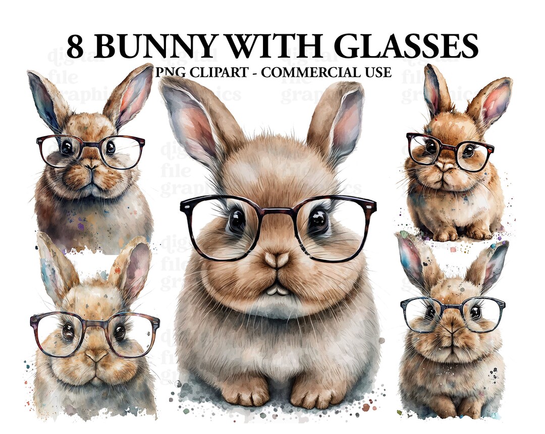 Bunny Glasses Clipart Bundle, Funny Rabbit Illustration Bundle, Cute ...