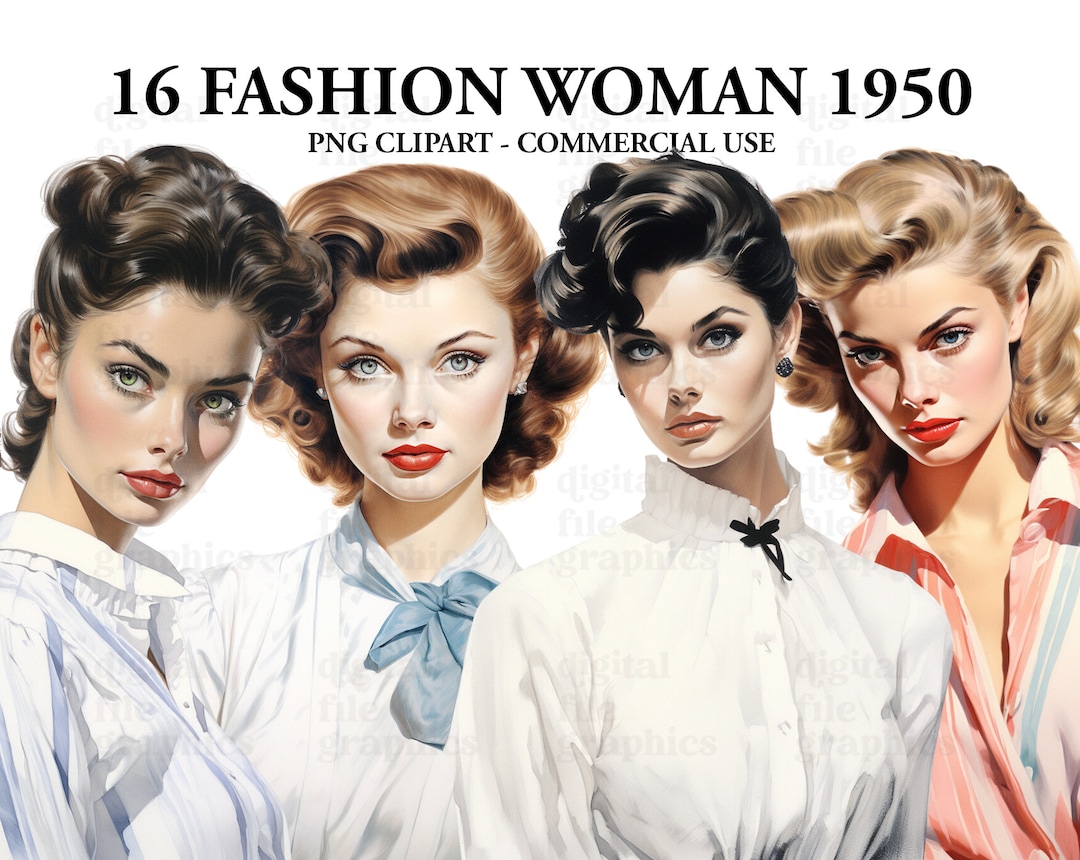 1950s Vintage Woman Clipart Set, Fashion Lady Watercolor Clipart, Image ...