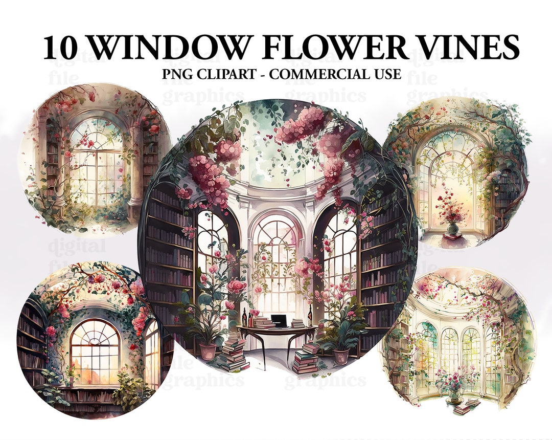 Flower Window Vines Watercolor Clipart, Window Clipart, Summer Flowers ...