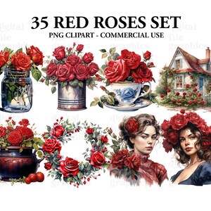 Red Roses Flower Watercolor Clipart, Roses Clipart, Watercolor Bundle ...