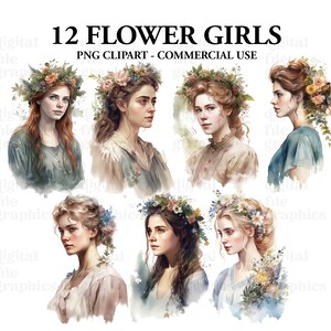 Vintage Girls Flowers Watercolor Clipart, Vintage Lady PNG, Vintage ...