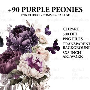 BIG BUNDLE Purple Peonies Watercolor Clipart, Floral Clipart, Summer ...