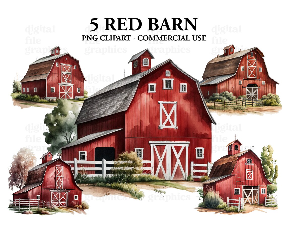 Red Farm Barn Watercolor Clipart Farmhouse Clipart Barn - Etsy