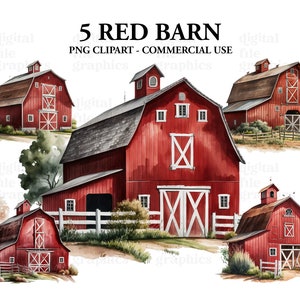Red Farm Barn Watercolor Clipart, Farmhouse Clipart, Barn Bundle PNG ...