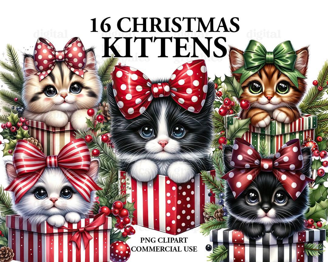 Christmas Kitten Watercolor Clipart, Cute Kitten Cat Winter Clipart PNG ...