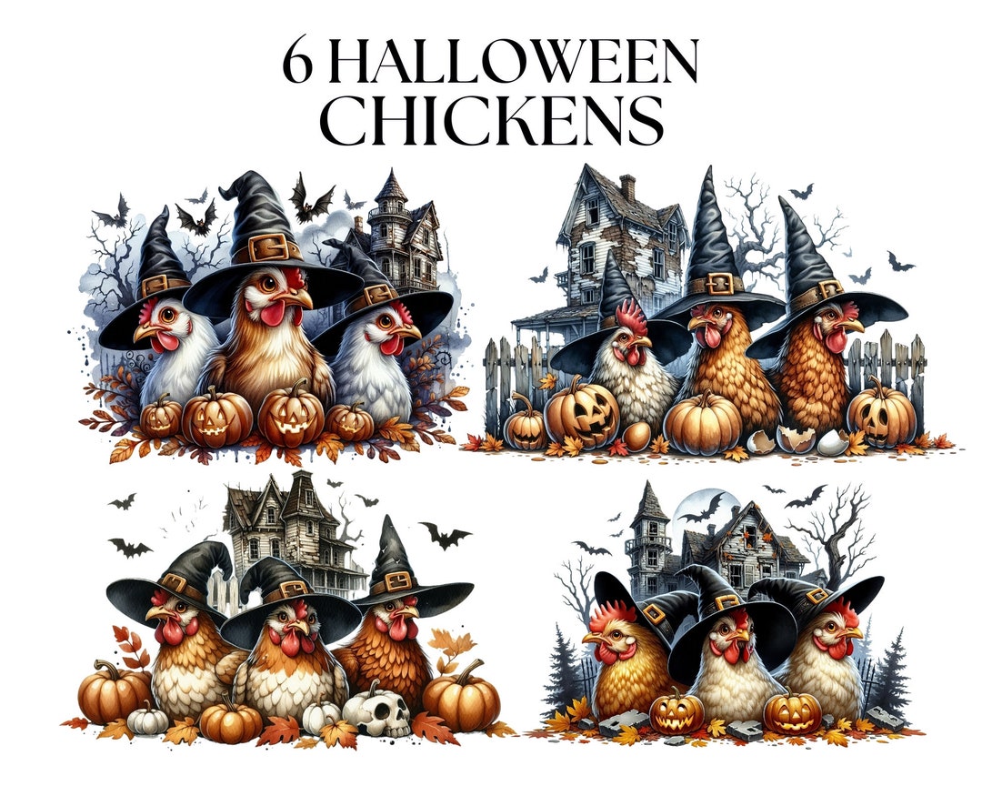 Halloween Spooky Chickens Watercolor Clipart, Chickens Pumpkins Clipart ...