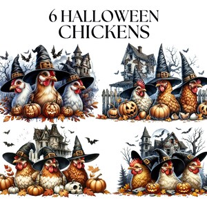 Halloween Spooky Chickens Watercolor Clipart, Chickens Pumpkins Clipart ...