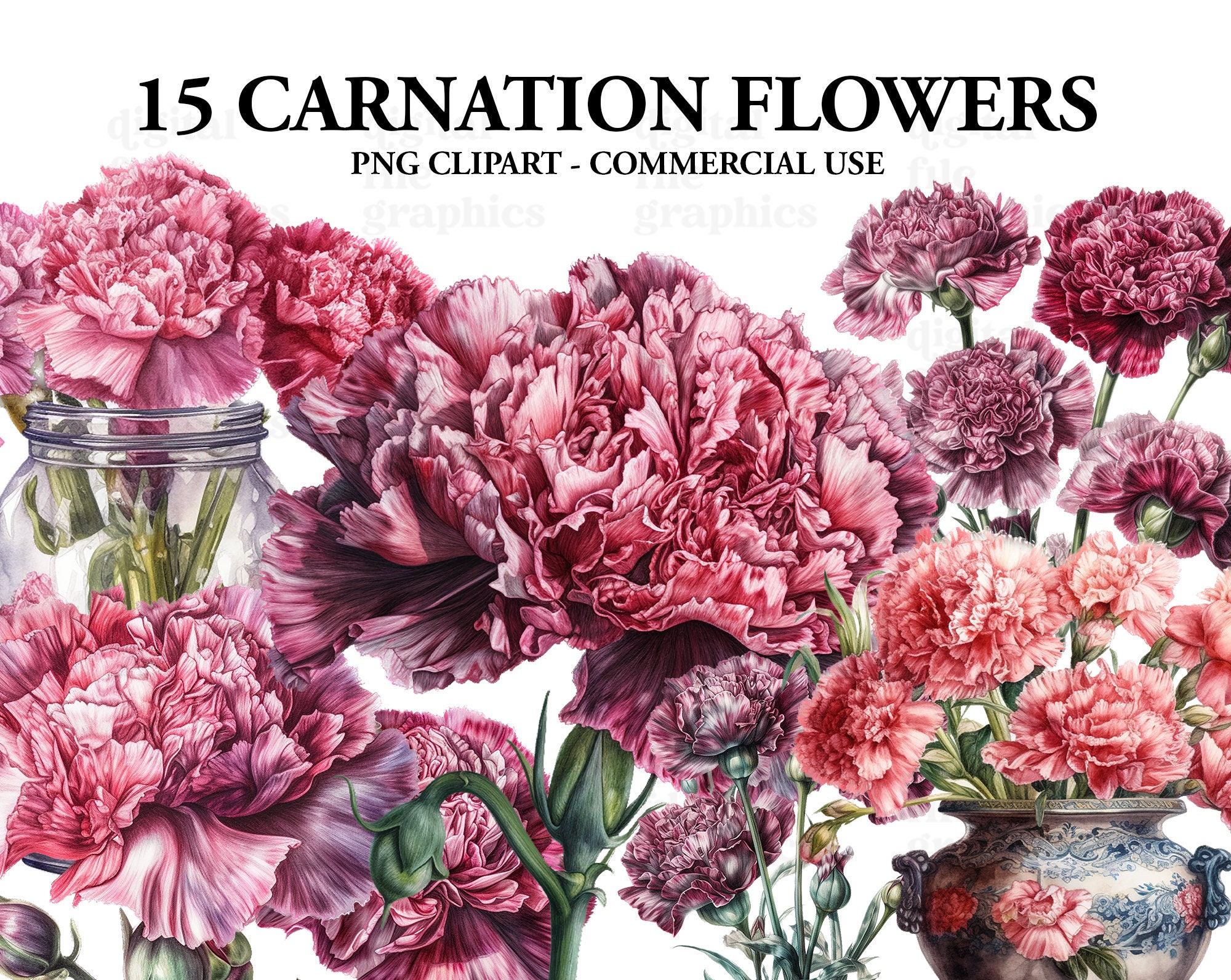 Carnation Flowers Watercolor Clipart Floral Png Clipart - Etsy