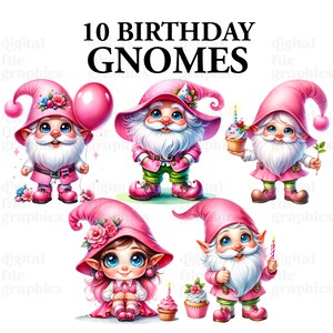 Birthday Gnome Watercolor Clipart, Pink Gnome Clipart PNG, Fantasy ...