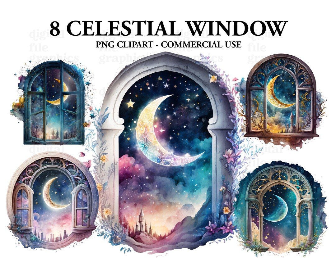 Celestial Window Watercolor Clipart, Window Clipart, Stars and Moon Window, Mystical Moon Bundle ...