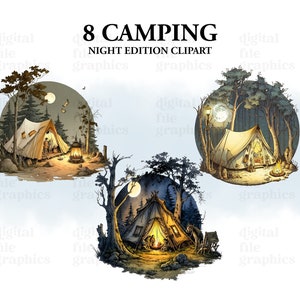Camping by Night Watercolor Clipart, Hiking Family, Camping Bundle PNG ...