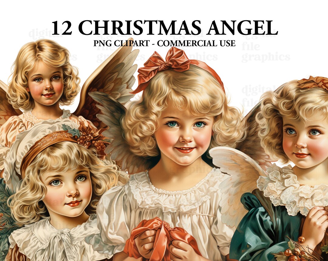 Christmas Retro Angels Watercolor Clipart, Christmas Vintage Clipart ...