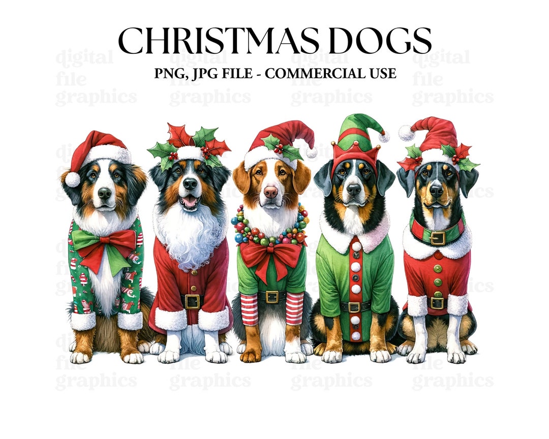 Christmas Dogs Png Watercolor, Christmas Dog Print JPG, PNG, Colorful ...
