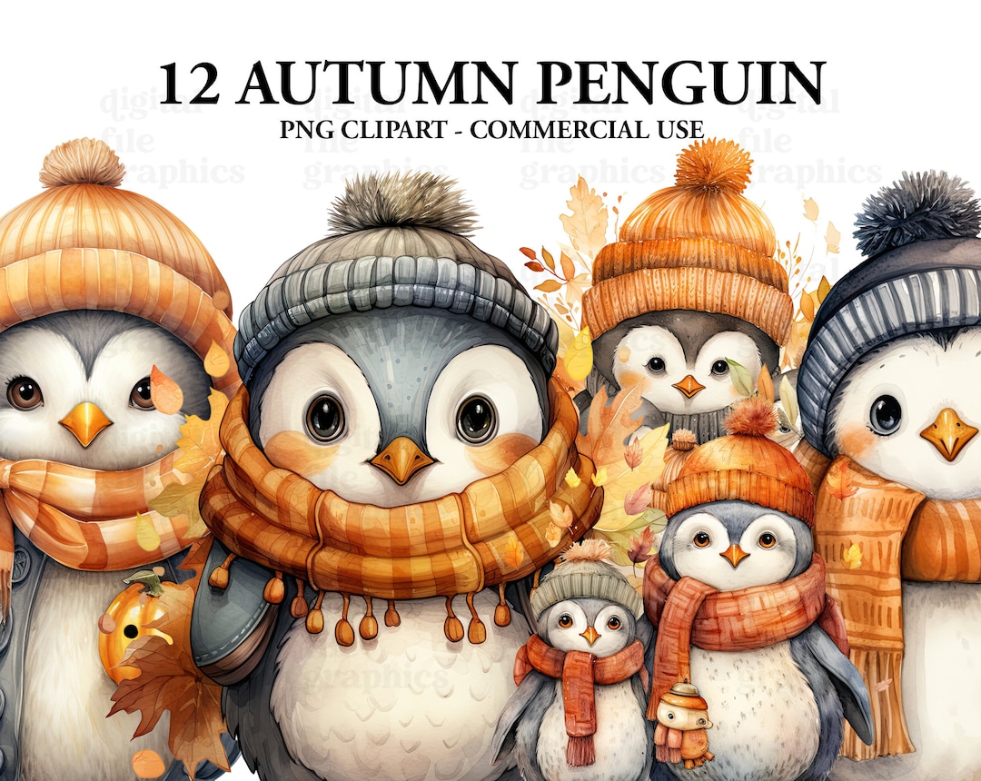 Autumn Cute Penguin Watercolor Clipart, Fall Animal Clipart PNG, Kids ...