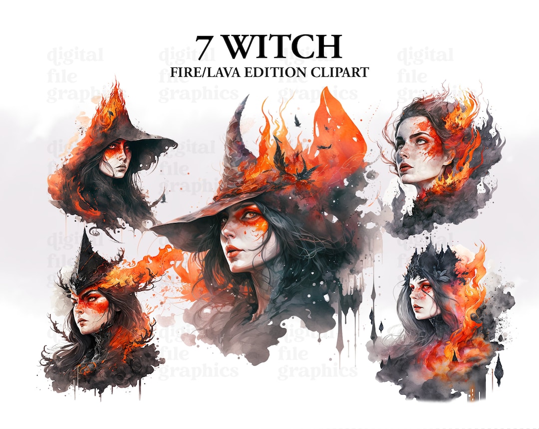 Witch Watercolor Clipart, Witch Fire Lava Style, Fantasy Clipart ...