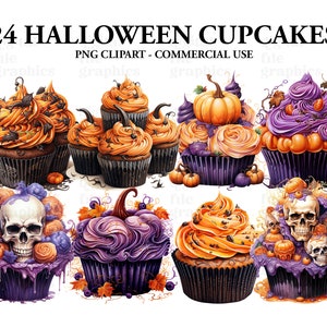 Halloween Cupcake Pumpkin Watercolor Clipart, Skull Pumpkin Cupcake ...