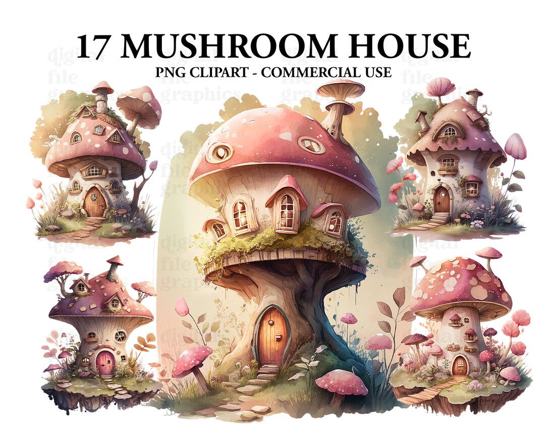 Cute Mushroom Fairy House Watercolor Clipart, Kids Art Clipart, Fantasy ...