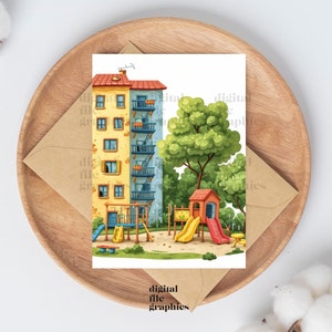 Playground Watercolor Clipart, Family Houses Clipart, City Building ...