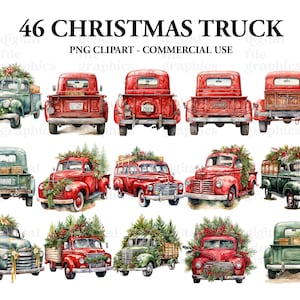 Christmas Vintage Truck Watercolor Clipart, Christmas Decor Clipart ...