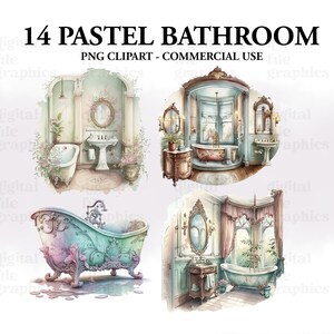 Cozy Pastel Bathroom Watercolor Clipart, Bathroom Interior, Favourite ...