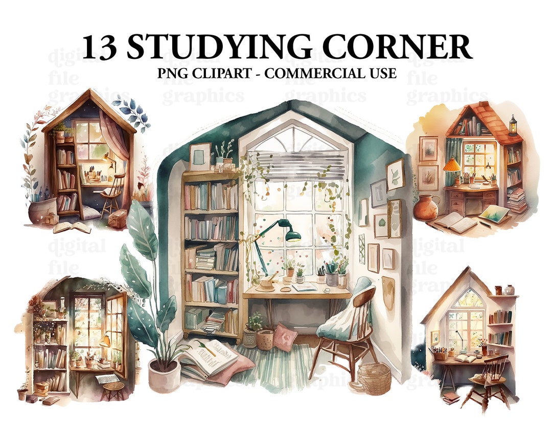 Study Corner Clipart, Reading Corner Watercolor Clipart, Room ...