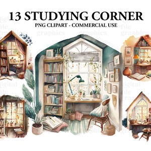 Study Corner Clipart, Reading Corner Watercolor Clipart, Room ...