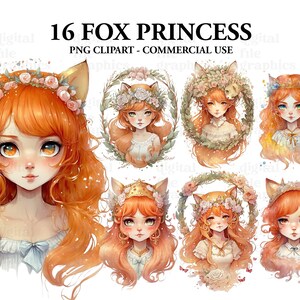 FOX Princesses Watercolor Clipart, Princess Clipart PNG, Portrait Girl ...