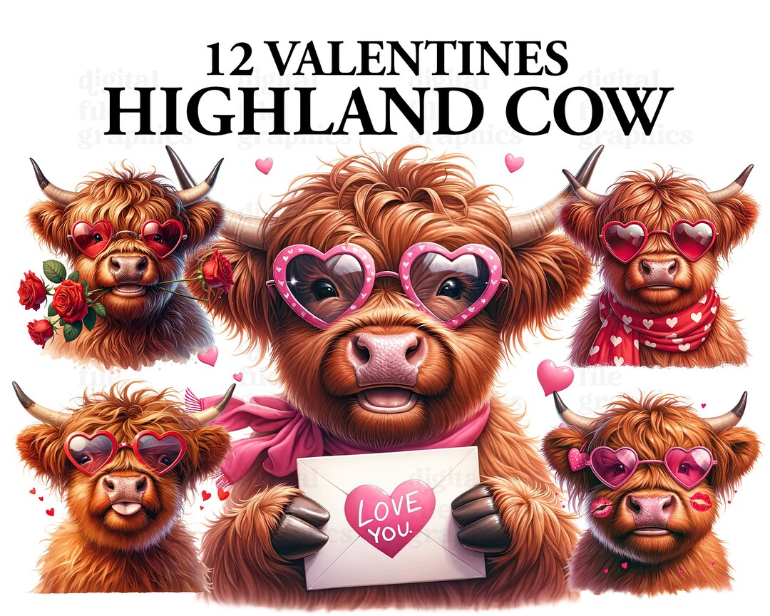 Cute Valentines Highland Cow Watercolor Clipart, Highland Cow PNG ...