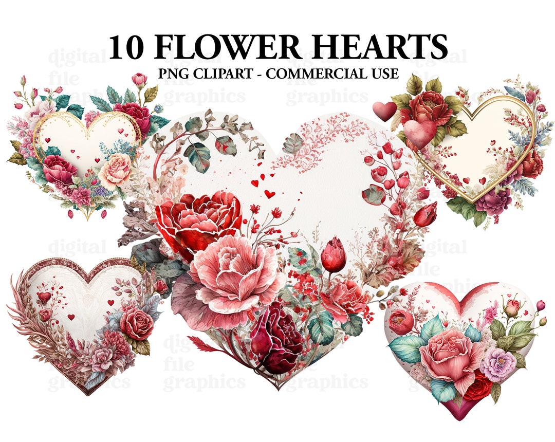 Heart Flower Valentines Day Watercolor Clipart Bundle PNG, Floral Heart ...
