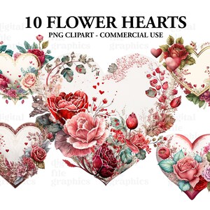 Heart Flower Valentines Day Watercolor Clipart Bundle PNG, Floral Heart ...