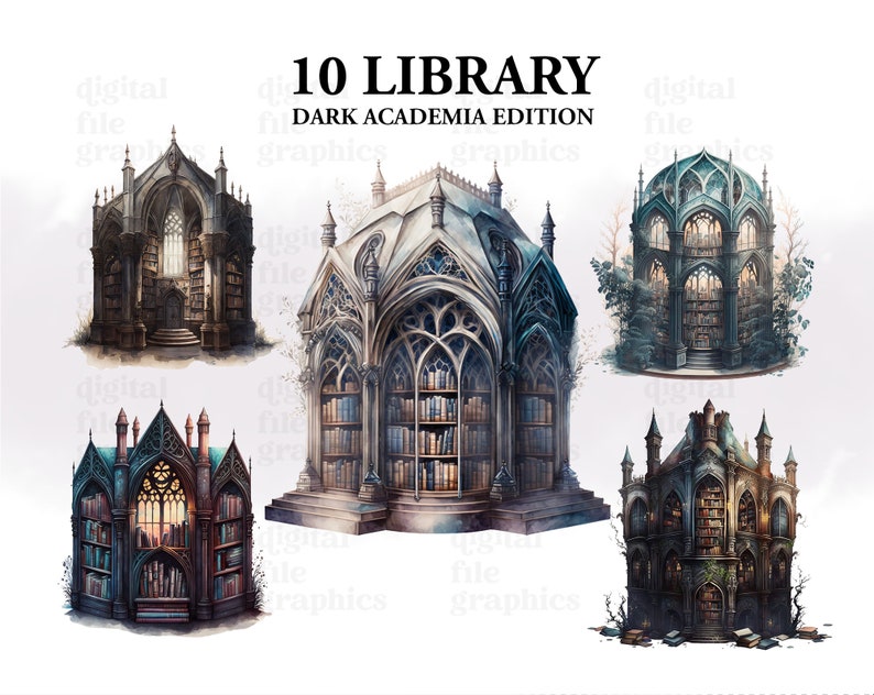Dark Academia Library Watercolor Clipart Gothic Library - Etsy
