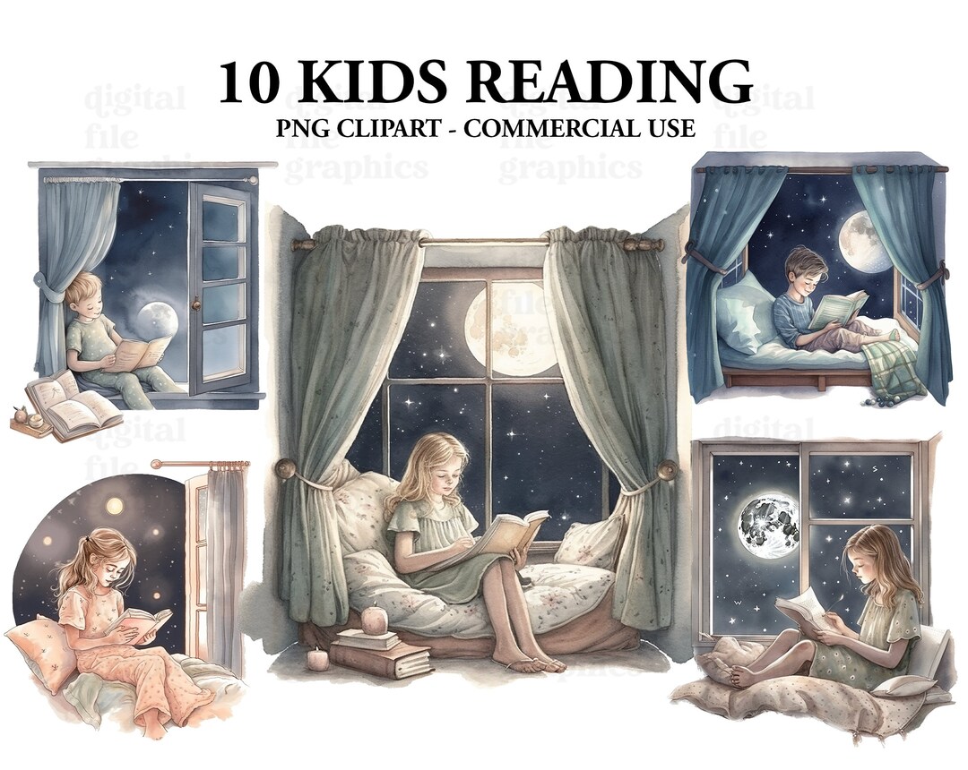 Kids Reading Watercolor Clipart, Bed Night Reading, Night Skye, Books ...