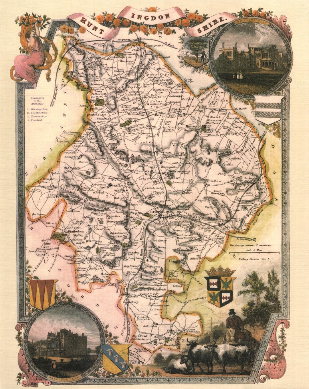 Vintage Antique Reproduction Huntingdonshire County Map, Thomas Moule ...
