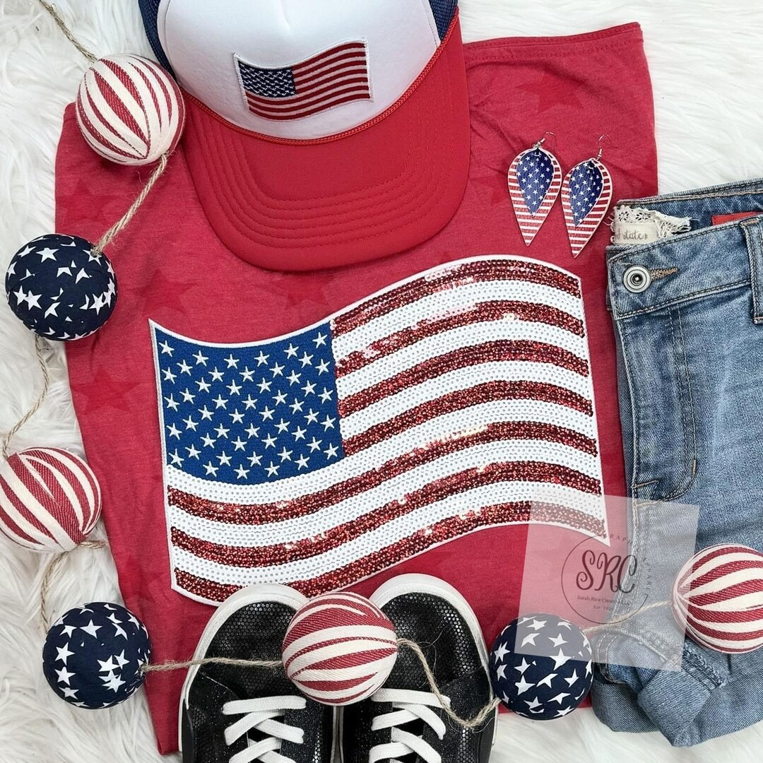 American Flag Sequin Patch Tshirt, Patriotic Shirt for Women - Etsy