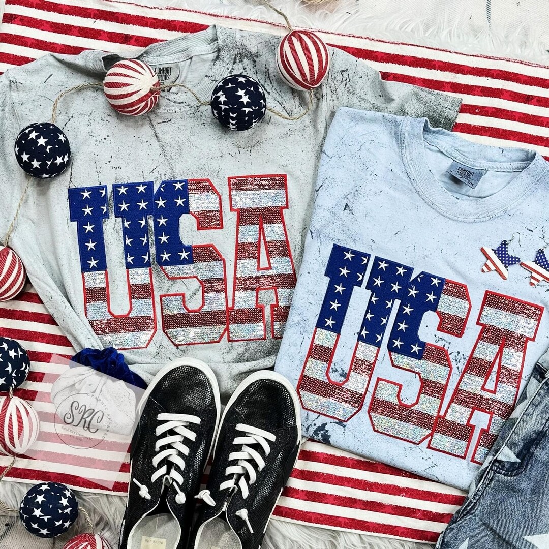 USA Chenille and Sequin Patch Graphic Tee, Shirt for Memorial Day and ...