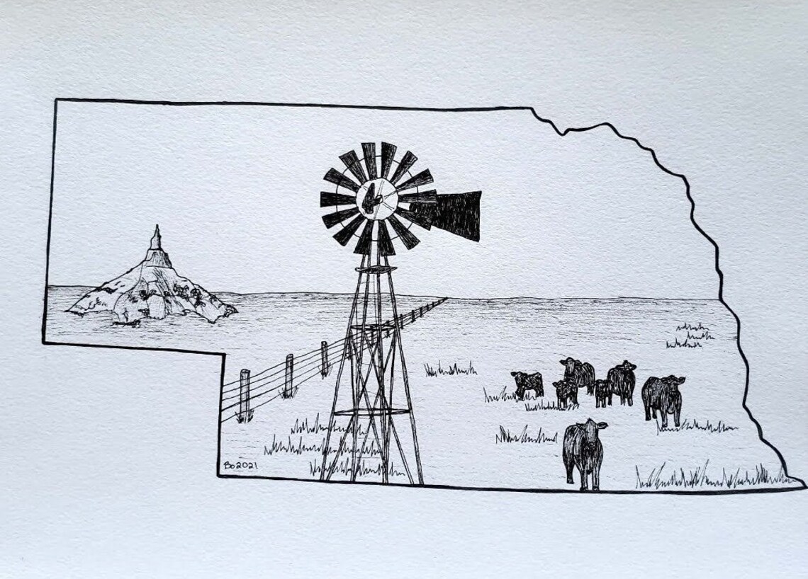 Nebraska Stationery/print; Black and White Pen Drawing; Hand Drawn ...
