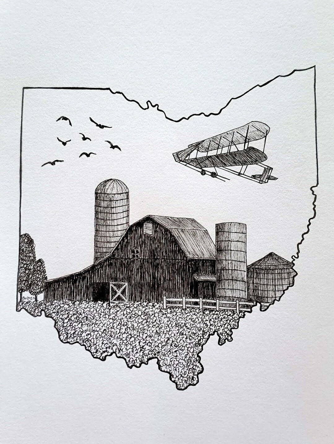 Ohio Print, Notecard/stationery Black and White Pen Drawing Hand Drawn ...
