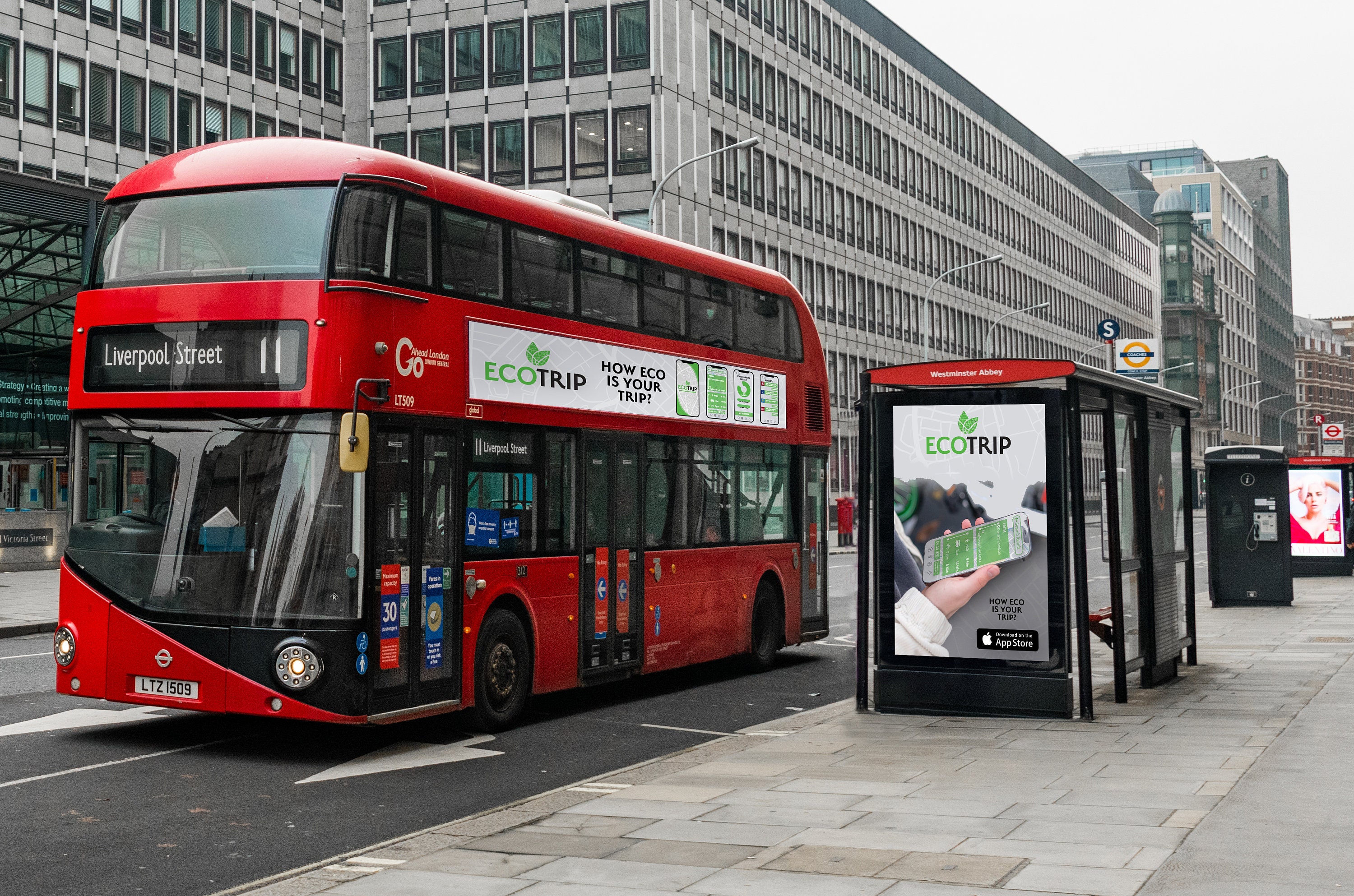 London Bus and Bus Shelter Sign PSD Mockup, Bus and Sign Mockup ...