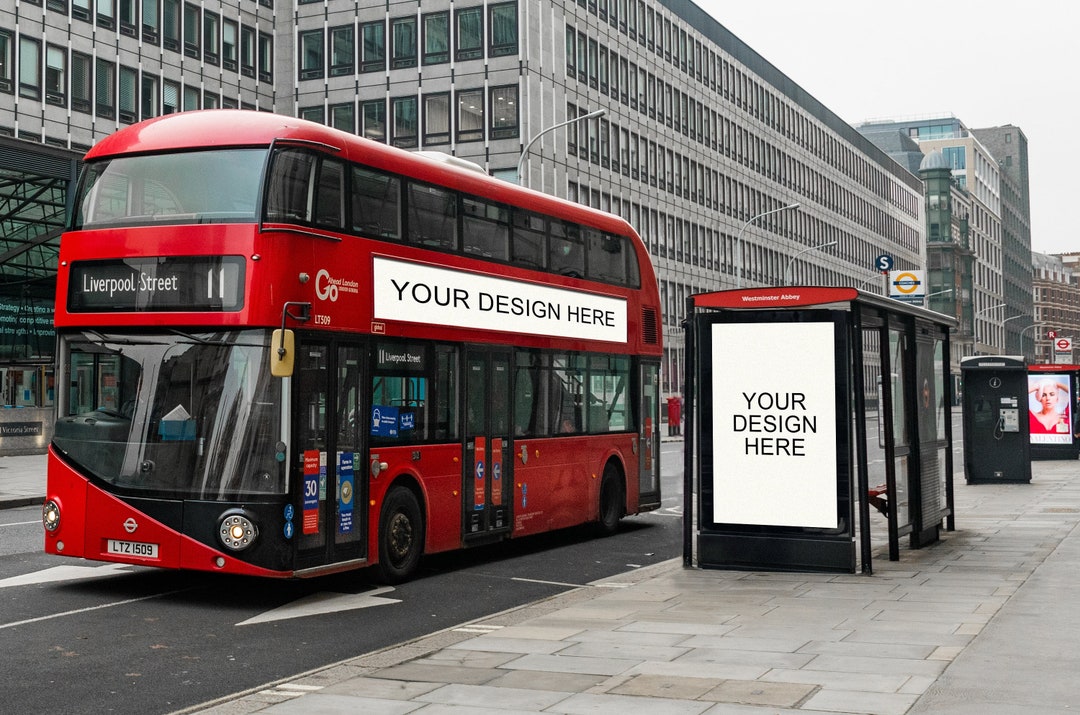 London Bus and Bus Shelter Sign PSD Mockup, Bus and Sign Mockup ...